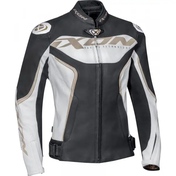 Giacca moto donna pelle Ixon TRINITY bianco nero oro